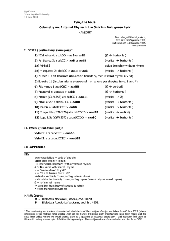 (PDF) HANDOUT for: Tying the Node: Colometry and Internal Rhyme in the ...