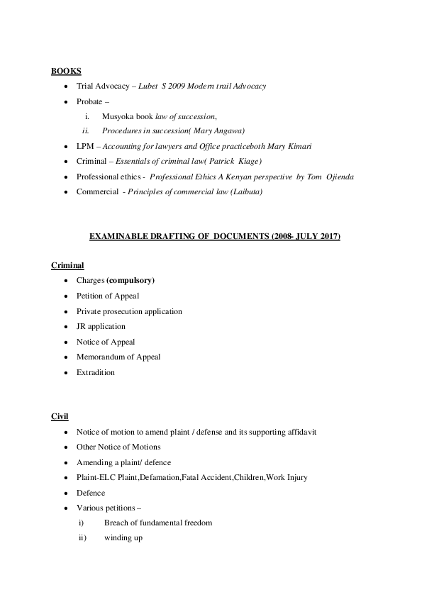 (DOC) DRAFTING AREAS IN ALL SUBJECTS IN BAR EXAMS (KENYA)