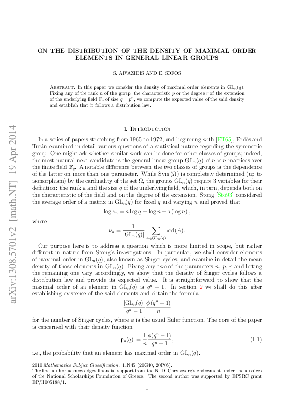 (PDF) On the distribution of the density of maximal order elements in general linear groups