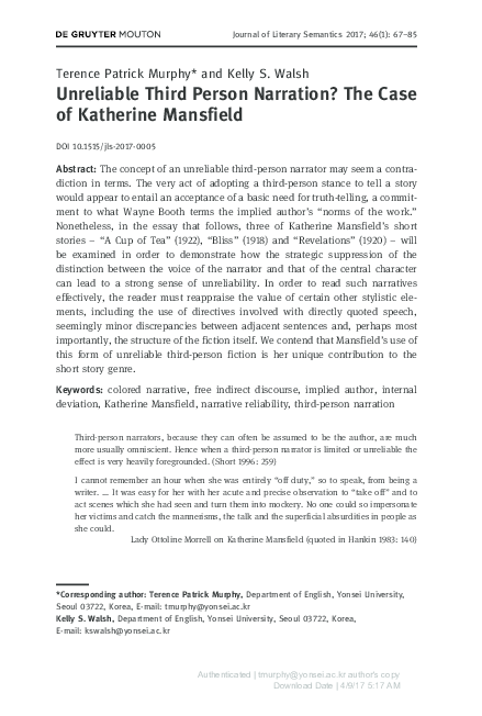 (PDF) Unreliable Third Person Narration? The Case of Katherine Mansfield