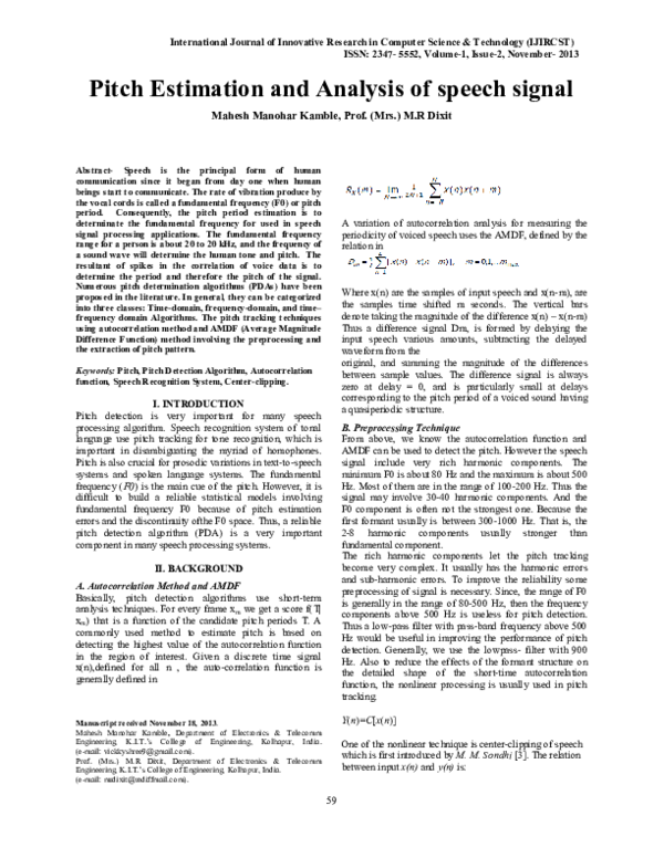 Pdf Pitch Estimation And Analysis Of Speech Signal