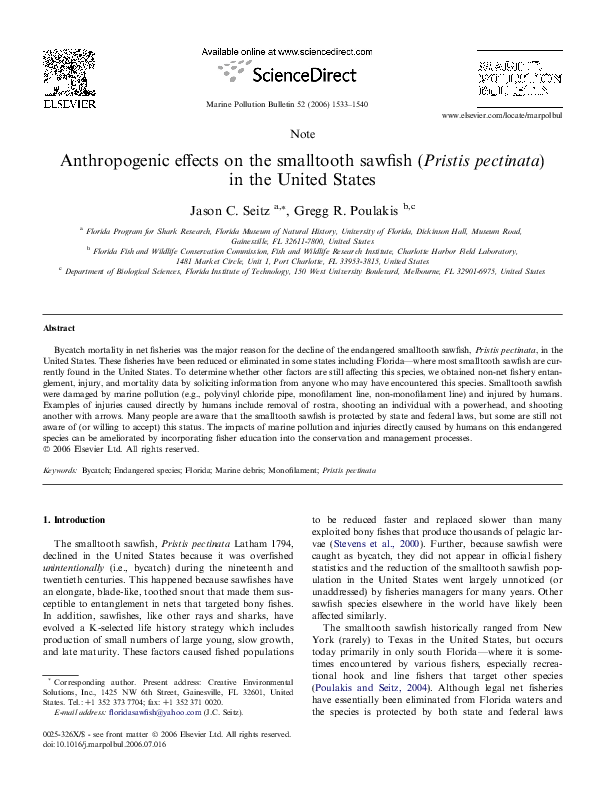 (PDF) Anthropogenic effects on the smalltooth sawfish (Pristis ...