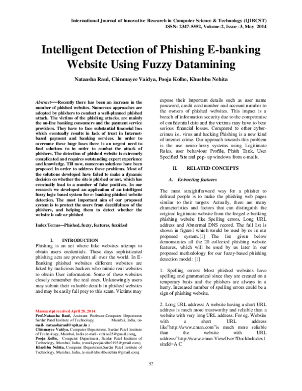 Pdf Intelligent Detection Of Phishing E Banking Website Using Fuzzy