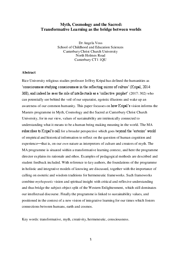 (PDF) Myth, Cosmology and the Sacred: Transformative Learning as the bridge between worlds