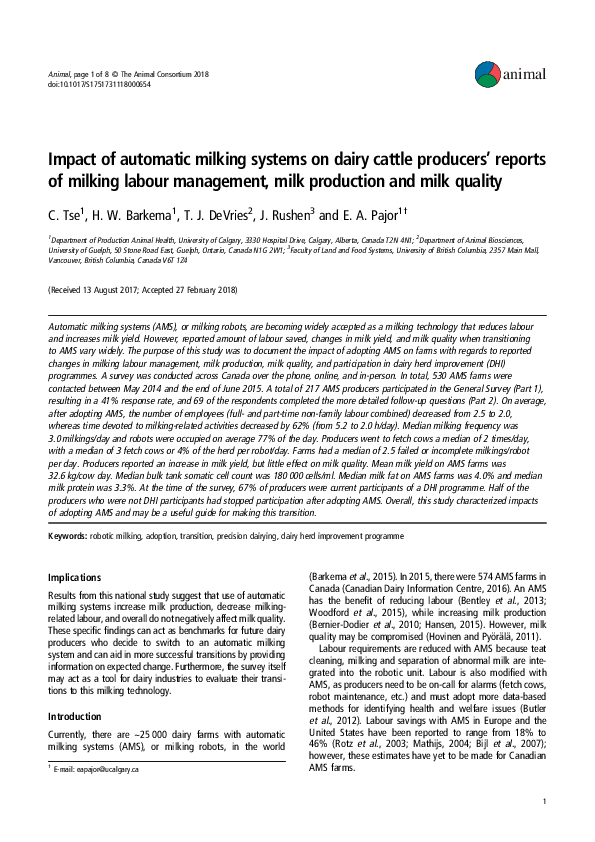 (PDF) Impact of automatic milking systems on dairy cattle producers' reports of milking labour ...