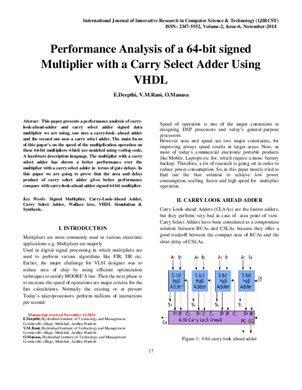 (PDF) Performance Analysis of a 64-bit signed Multiplier with a Carry Select Adder Using VHDL