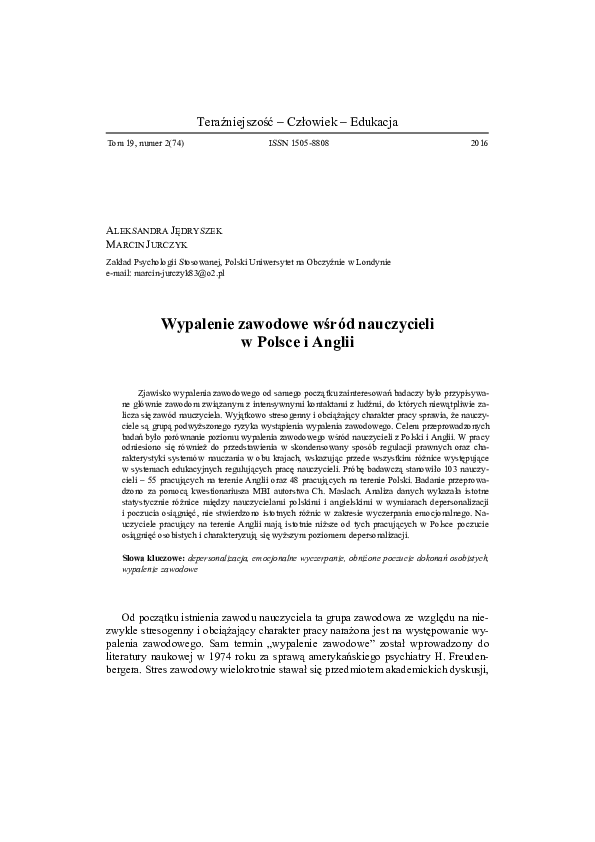 (PDF) Wypalenie zawodowe wśród nauczycieli w Polsce i Anglii