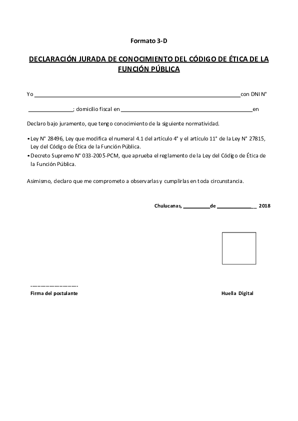 (DOC) DECLARACIÓN JURADA DE CONOCIMIENTO DEL CÓDIGO DE ÉTICA DE LA FUNCIÓN PÚBLICA