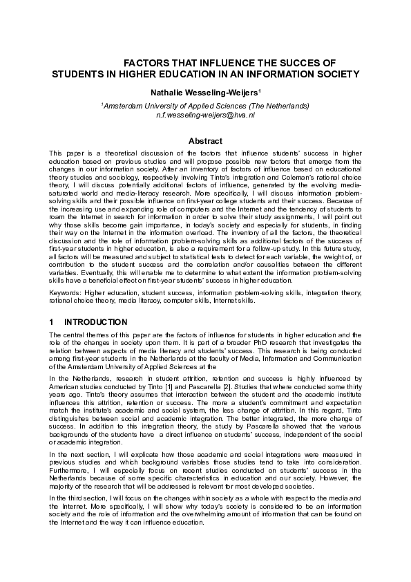 (DOC) FACTORS THAT INFLUENCE THE SUCCESS OF STUDENTS IN HIGHER ...