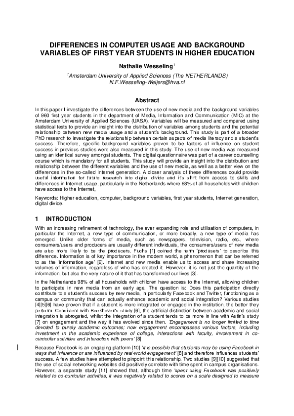 (DOC) DIFFERENCES IN COMPUTER USAGE AND BACKGROUND VARIABLES OF FIRST ...