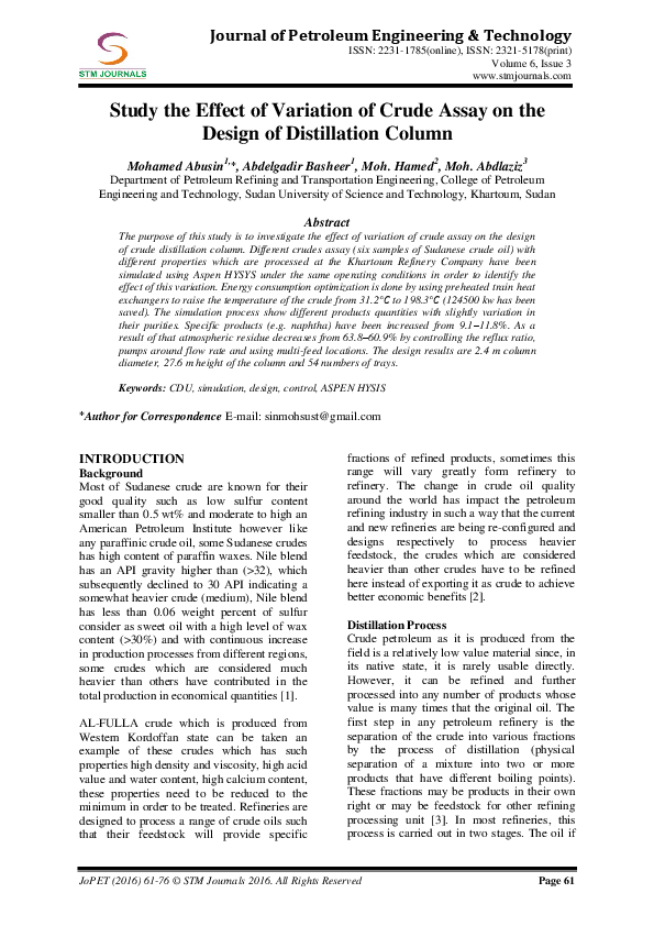 (PDF) Study the Effect of Variation of Crude Assay on the Design of ...