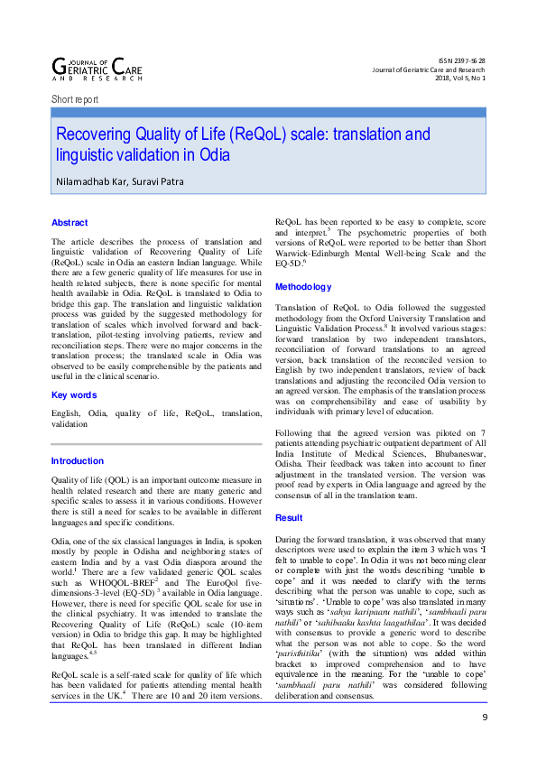 (PDF) Recovering Quality of Life (ReQoL) scale: translation and ...