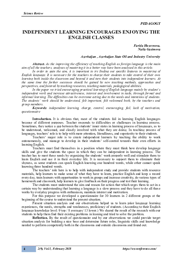 (PDF) INDEPENDENT LEARNING ENCOURAGES ENJOYING THE ENGLISH CLASSES