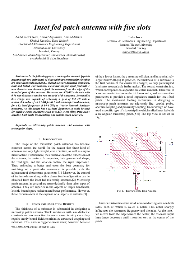 (PDF) Inset fed patch antenna with five slots