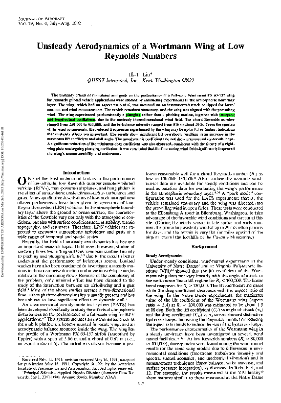 (PDF) Unsteady Aerodynamics of a Wortmann Wing at Low Reynolds Numbers