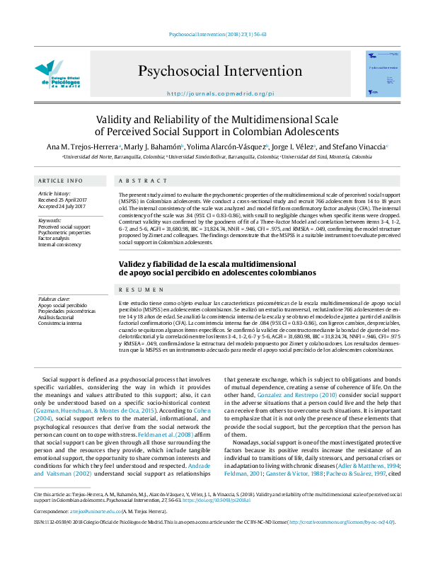 (PDF) Validity and Reliability of the Multidimensional Scale of ...