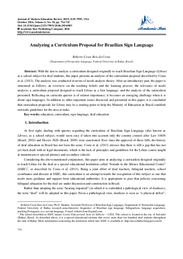 (PDF) Analyzing a Curriculum Proposal for Brazilian Sign Language