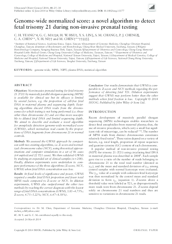 (PDF) Genome-wide normalized score: a novel algorithm to detect fetal ...