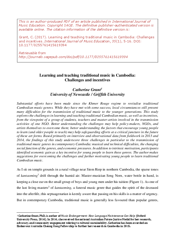 (PDF) Learning and teaching traditional music in Cambodia: Challenges and incentives