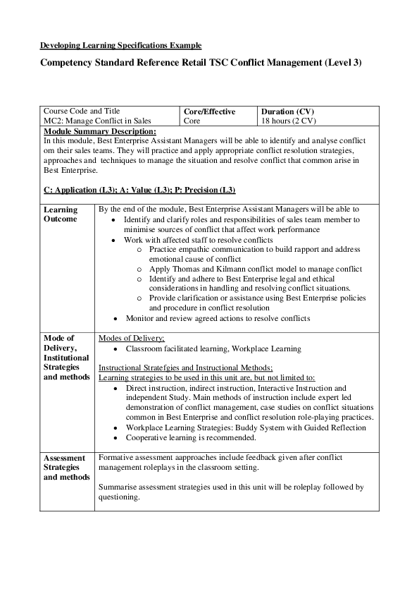 (DOC) Developing Learning Specifications Example Competency Standard Reference Retail TSC ...