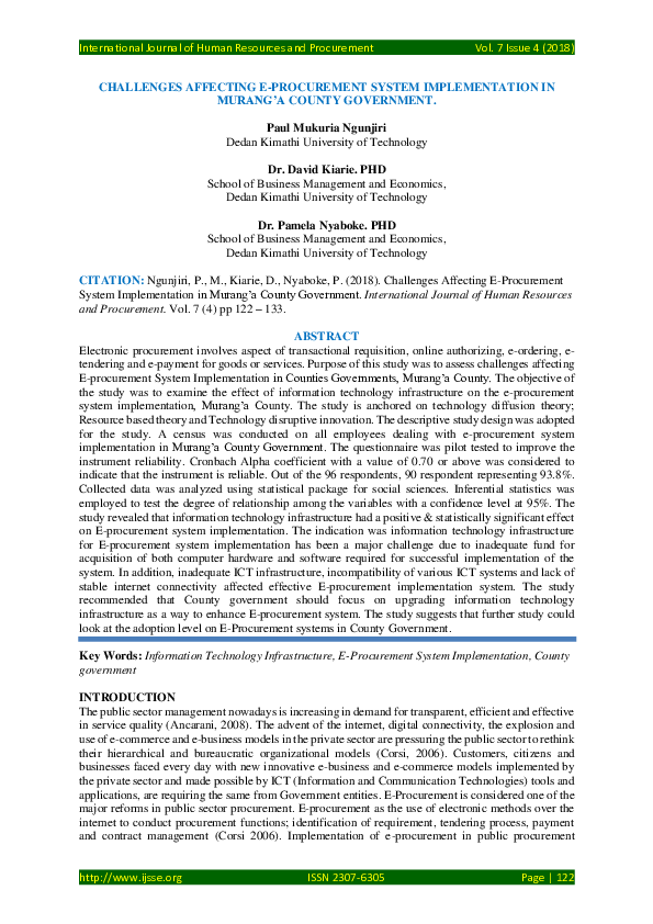 Pdf Challenges Affecting E Procurement System Implementation In Muranga County Government