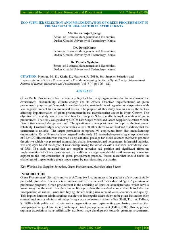 Pdf Eco Supplier Selection And Implementation Of Green Procurement In The Manufacturing Sector