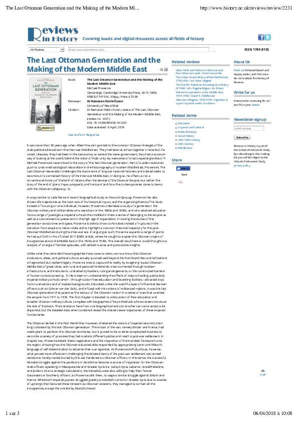 (PDF) Review of Michael Provence's The Last Ottoman Generation and the ...