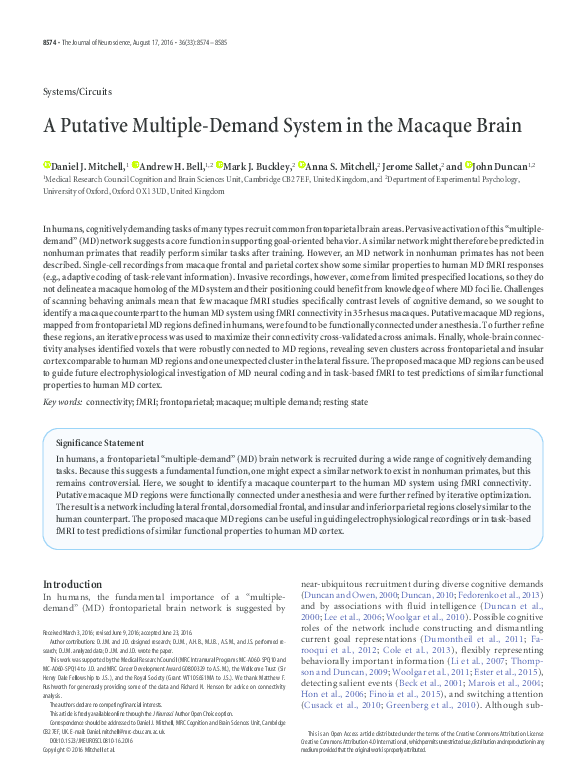 (PDF) A Putative Multiple-Demand System in the Macaque Brain | Anna ...