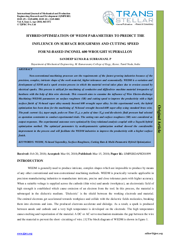 (PDF) HYBRID OPTIMIZATION OF WEDM PARAMETERS TO PREDICT THE INFLUENCE ...