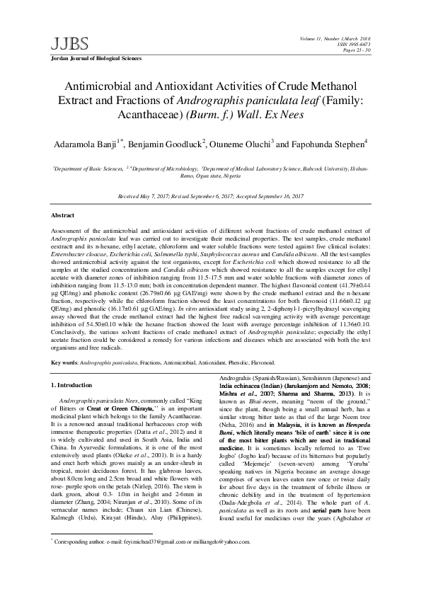 Pdf Antimicrobial And Antioxidant Activities Of Crude Methanol