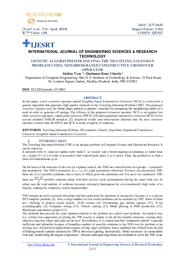 Pdf Genetic Algorithm For Solving The Traveling Salesman Problem Using Neighbor Based