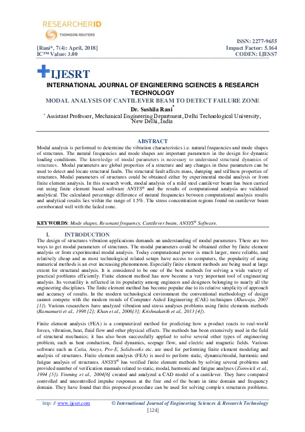 (PDF) MODAL ANALYSIS OF CANTILEVER BEAM TO DETECT FAILURE ZONE