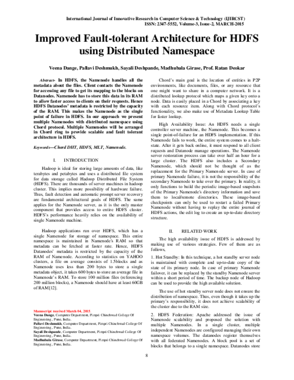 Pdf Improved Fault Tolerant Architecture For Hdfs Using Distributed