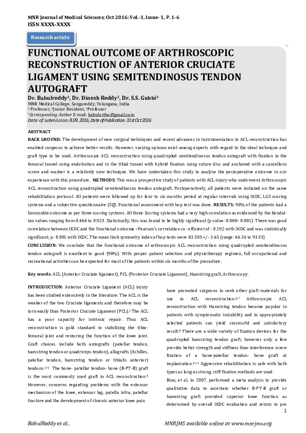 (PDF) FUNCTIONAL OUTCOME OF ARTHROSCOPIC RECONSTRUCTION OF ANTERIOR ...