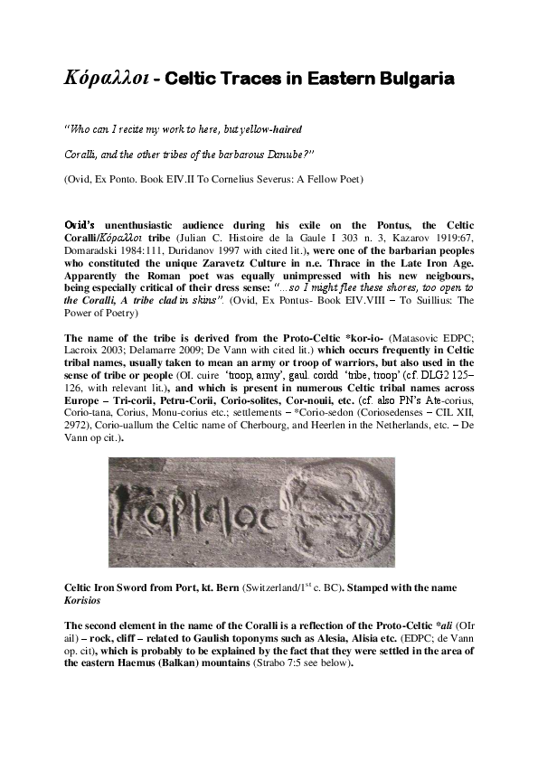 (PDF) CORALLI - Celtic Traces in Eastern Bulgaria