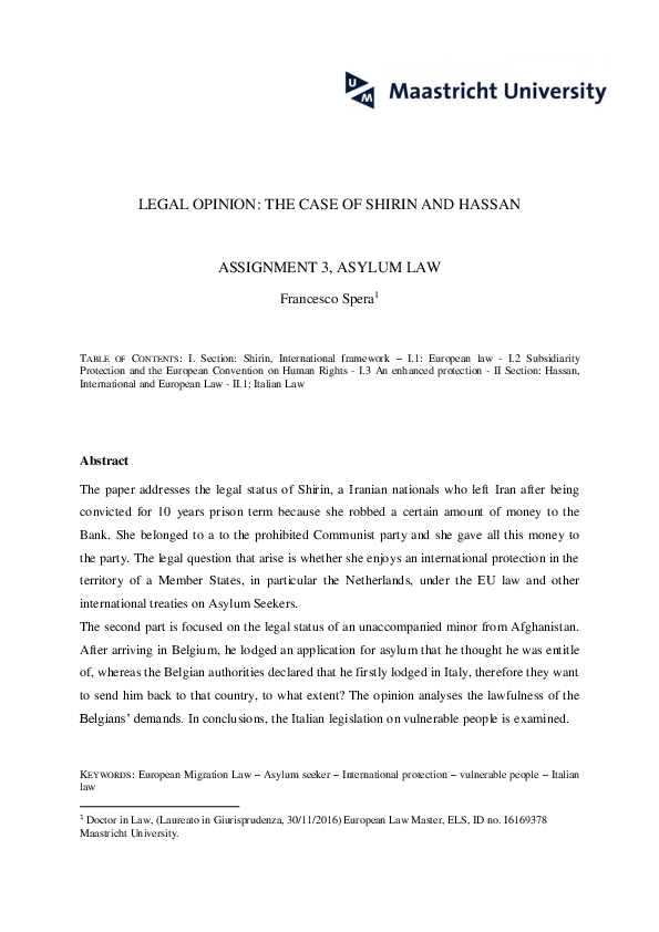 (PDF) LEGAL OPINION: THE CASE OF SHIRIN AND HASSAN ASSIGNMENT 3, ASYLUM LAW