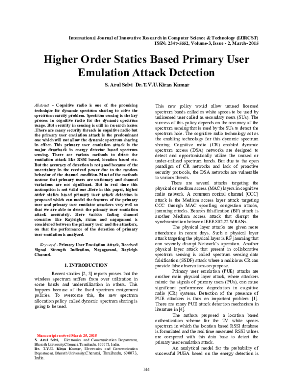 Pdf Higher Order Statics Based Primary User Emulation Attack Detection
