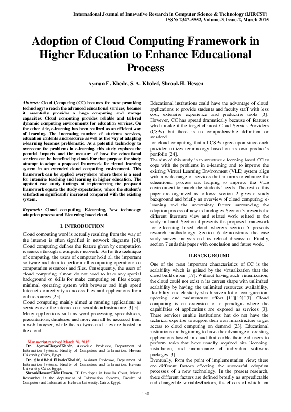 Pdf Adoption Of Cloud Computing Framework In Higher Education To Enhance Educational Process