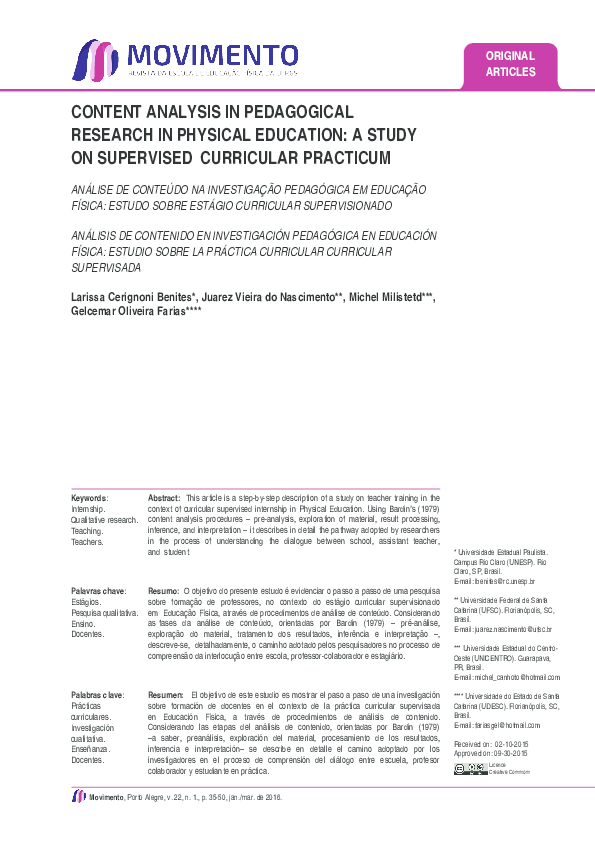 (PDF) CONTENT ANALYSIS IN PEDAGOGICAL RESEARCH IN PHYSICAL EDUCATION: A STUDY ON SUPERVISED ...