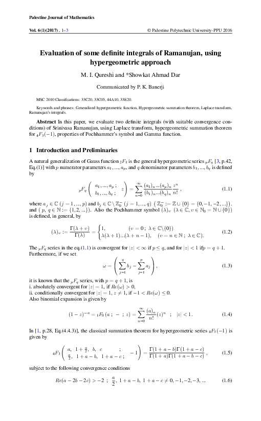 (PDF) Evaluation of some definite integrals of Ramanujan, using ...