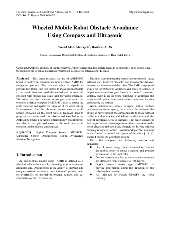 (PDF) Wheeled Mobile Robot Obstacle Avoidance Using Compass and Ultrasonic