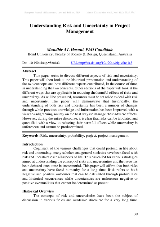 (PDF) Understanding Risk and Uncertainty in Project Management
