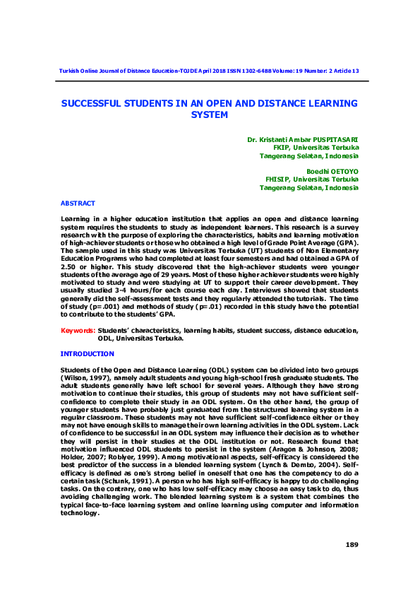 (PDF) SUCCESSFUL STUDENTS IN AN OPEN AND DISTANCE LEARNING SYSTEM