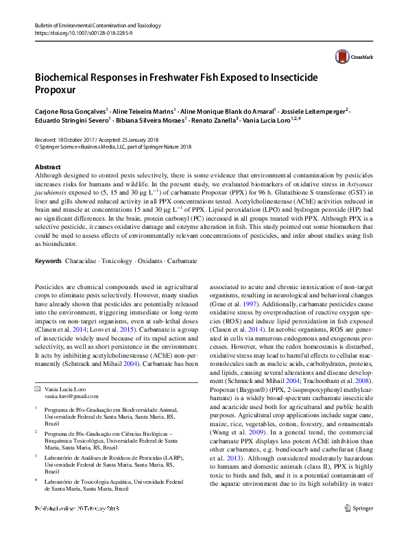 (PDF) Biochemical Responses in Freshwater Fish Exposed to Insecticide ...