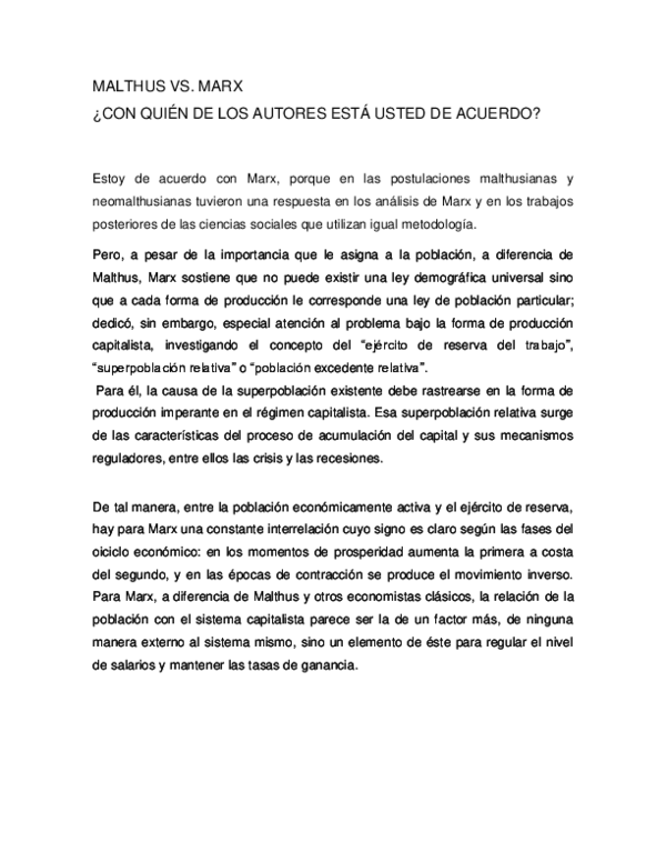 (DOC) MALTHUS VS. MARX ¿CON QUIÉN DE LOS AUTORES ESTÁ USTED DE ACUERDO