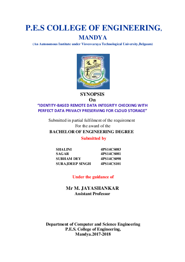 Doc Synopsis On Identity Based Remote Data Integrity Checking With