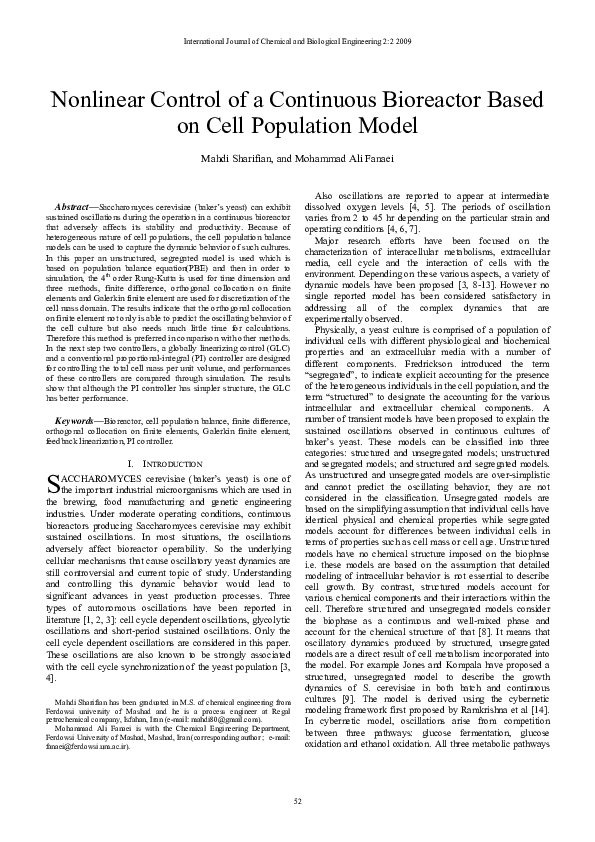 Pdf Nonlinear Control Of A Continuous Bioreactor Based On Cell Population Model
