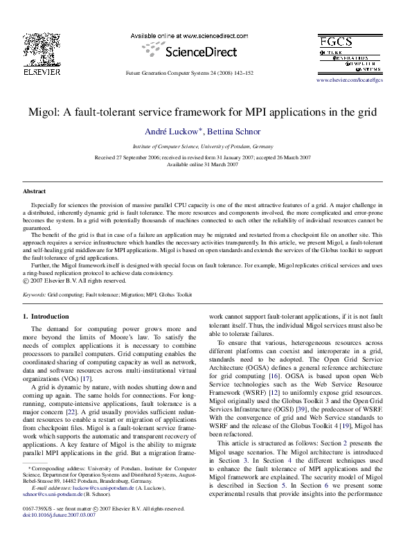 Pdf Migol A Fault Tolerant Service Framework For Mpi Applications In