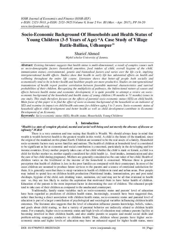 (PDF) Socio-Economic Background Of Households and Health Status of ...