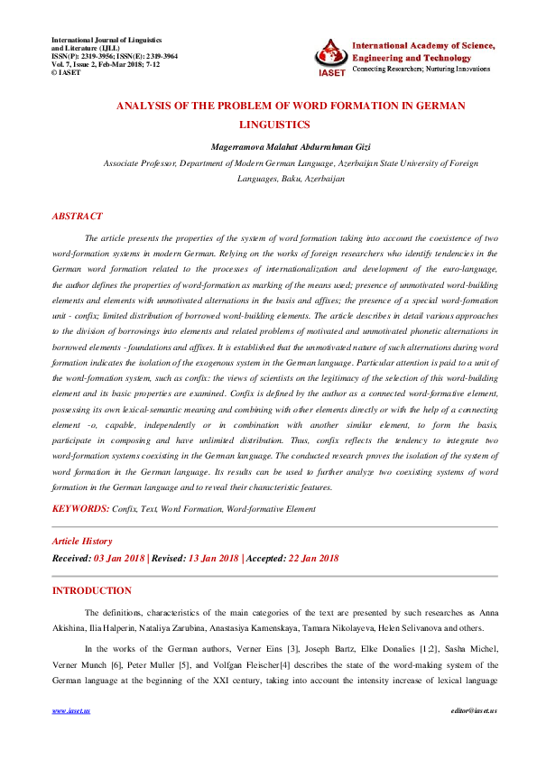 (PDF) ANALYSIS OF THE PROBLEM OF WORD FORMATION IN GERMAN LINGUISTICS